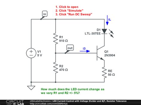 Led Current Control With Voltage Divider And Bjt Resistor Tolerance