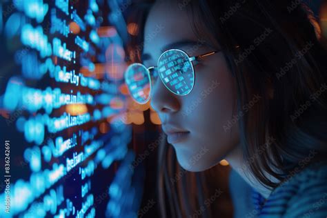 women in glasses reading html scripts programming and cyber security