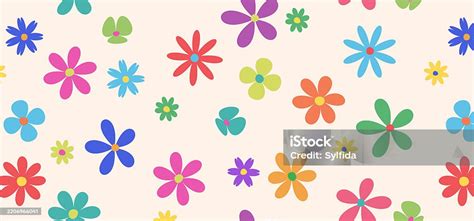 꽃 완벽 한 패턴 귀여운 꽃 배경 간단한 그루비 데이지 복고풍 봄 Bg 빈티지 여름 꽃 인쇄 순진한 화려한 카모마일 배너 어린아이 같은 꽃무늬 직물 재미있는 벡터 1960