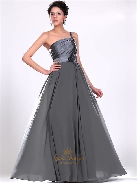 Grey One Shoulder Chiffon Beaded Straps Prom Dress With 3d Floral