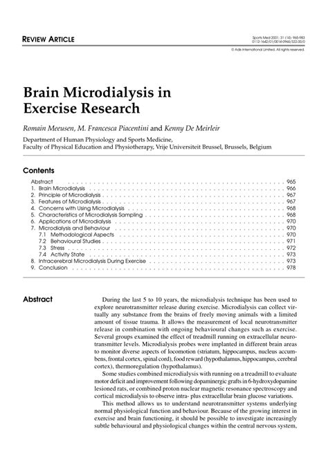 Pdf Brain Microdialysis In Exercise Research