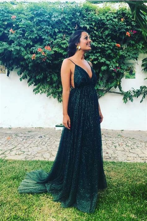 A Line V Neck Shiny Prom Dress Sexy Backless Prom Dress Cg17210