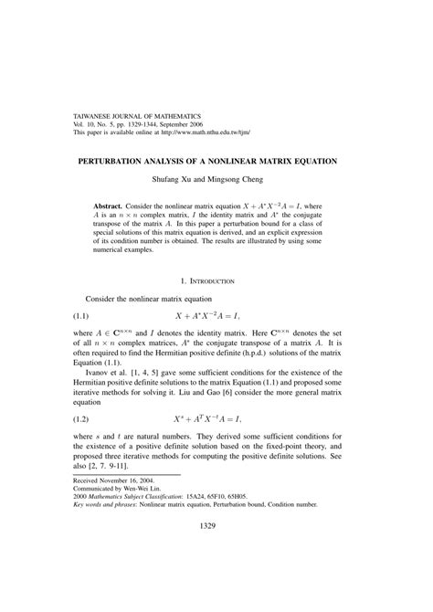 Pdf Perturbation Analysis Of A Nonlinear Matrix Equation