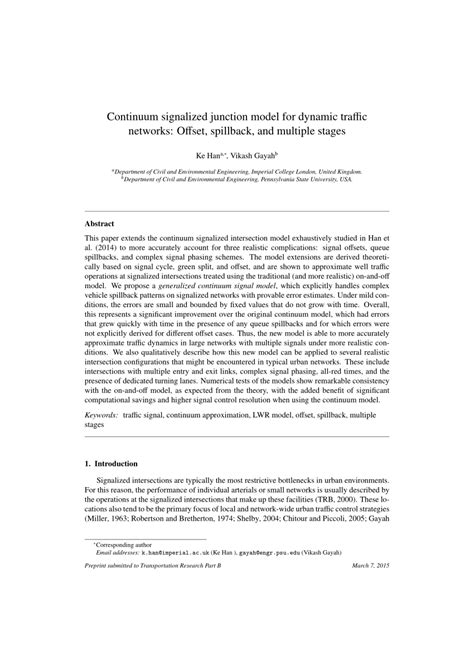 Pdf Continuum Signalized Junction Model For Dynamic Traffic Networks Offset Spillback And