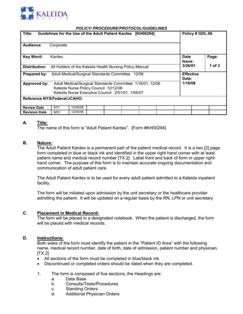 Adult Patient Kardex Guidelines Kaleida Health Policy