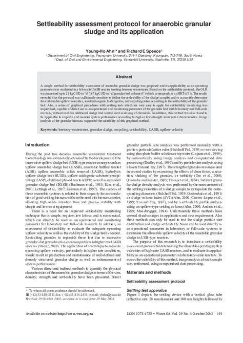 Pdf Settleability Assessment Protocol For Anaerobic Granular Sludge
