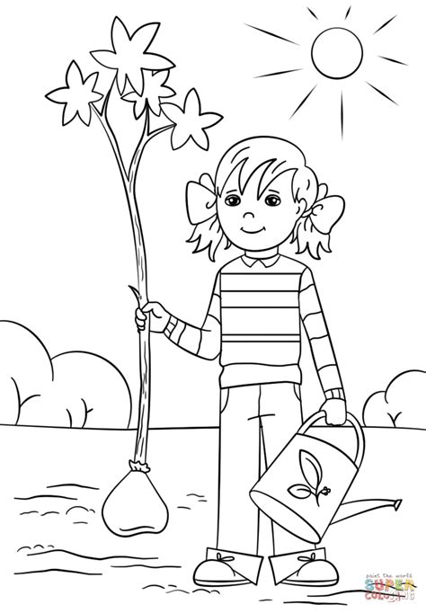 Dibujo de Niña sujetando un árbol y una regadera para colorear Dibujos para colorear imprimir