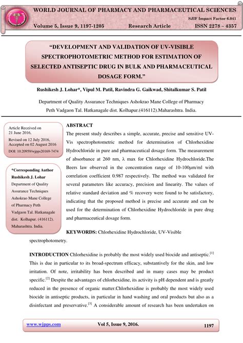 Pdf Development And Validation Of Uv Visible Spectrophotometric Method For Estimation Of