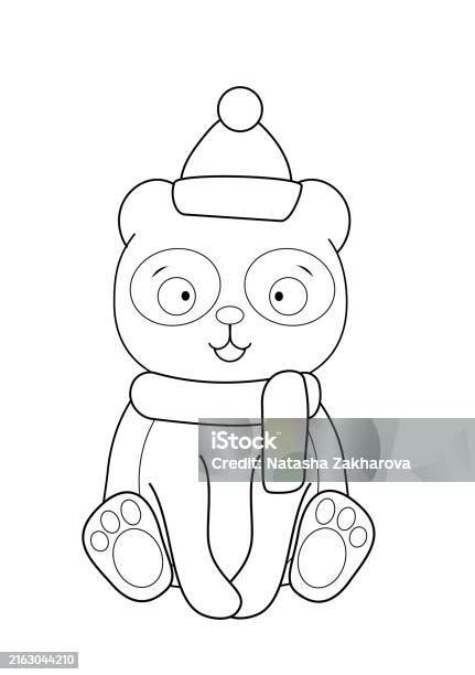 모자와 스카프를 두른 귀여운 팬더가 있는 색칠 공부 겨울에 대한 스톡 벡터 아트 및 기타 이미지 겨울 공휴일 귀여운 Istock