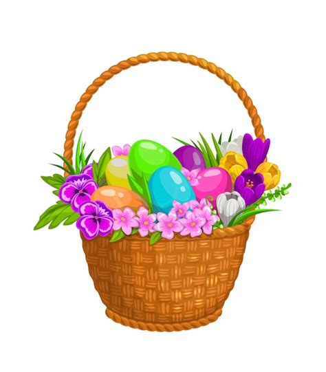 Felices Huevos De Pascua Y Flores En Cesta De Mimbre Vector Premium