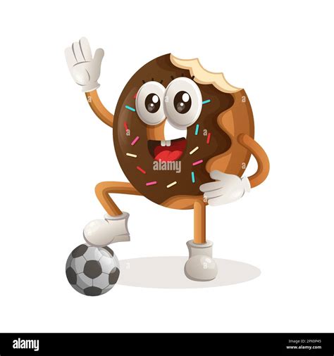 Cute Donut Mascot Play Football Soccer Ball Perfect For Food Store