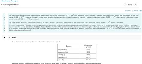 Solved Calculating Molar Mass Match The Numbers To The