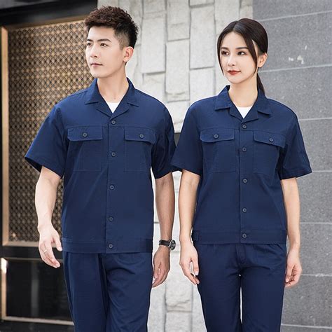 단추 작업복 단색 면화 작업자 유니폼 반팔 통기성 공장 작업장 작업복 작업복 수리공 정장 여름 작업복 및 유니폼