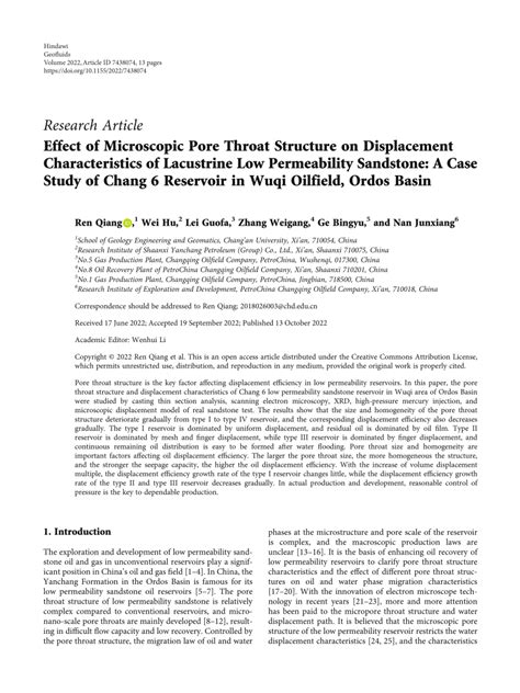 Pdf Effect Of Microscopic Pore Throat Structure On Displacement Characteristics Of Lacustrine