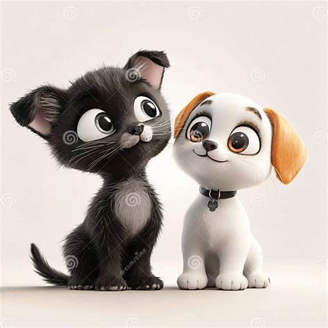 Adorable Cartoon Kittens And Puppies Cute Pet Friends 3d Rendered