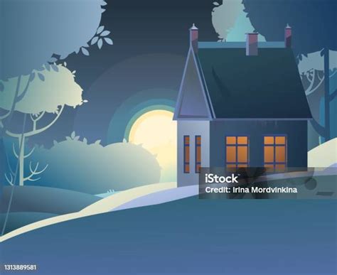 밤에는 빛나는 창문이 있는 시골 집 달과 자연 경관 나무와 언덕과 어두운 풍경 달빛 만화 플랫 스타일 일러스트 벡터 교외에 대한 스톡 벡터 아트 및 기타 이미지 Istock
