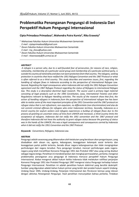 Pdf Problematika Penanganan Pengungsi Di Indonesia Dari Perspektif