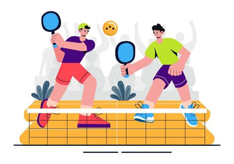 Illustration Of Pickleball Match With Players And Ball In A Cartoon