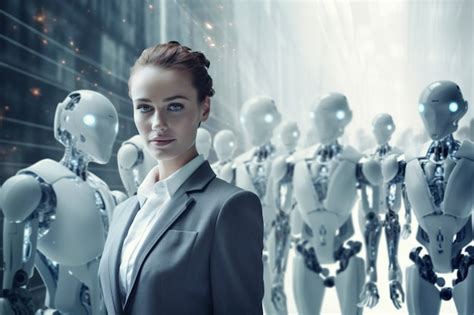 Person Surrounded By Ai Robots Coworkers Ai Generated Image