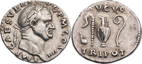 Römische Kaiserzeit Denar n Chr Vespasianus Kopf AVGVR TRI POT Priestergeräte Rs