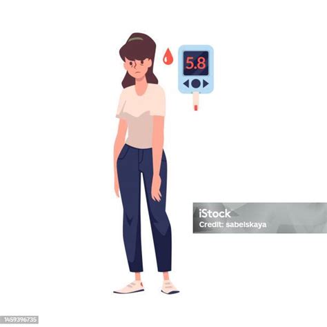 글루코미터에 고혈당 표시기를 가진 피곤한 여자 흰색 배경에 격리된 평평한 벡터 삽화 저혈당에 대한 스톡 벡터 아트 및 기타