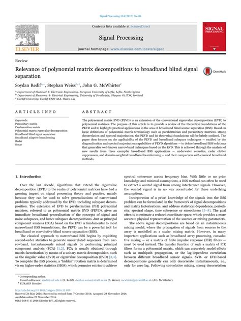 Pdf Relevance Of Polynomial Matrix Decompositions To Broadband Blind