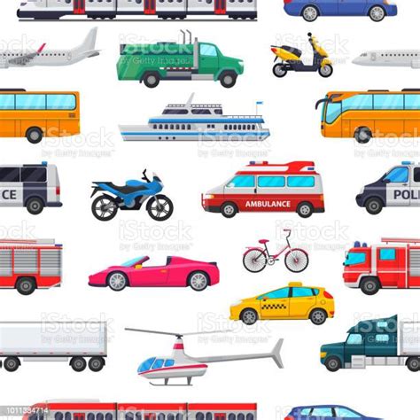전송 벡터 공공 수송 차량 비행기 또는 기차 및 자동차 또는 자전거 도시 구급차소방차 경찰 차 완벽 한 패턴 배경 그림 세트에 교통에 대 한 벡터에 대한 스톡 벡터 아트 및