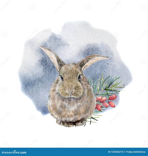 Watercolor Hare In Winter Forest Hand Painted Animal Illustration With