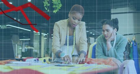 Image Of Diagrams Over Diverse Female Colleagues Discussing Work In