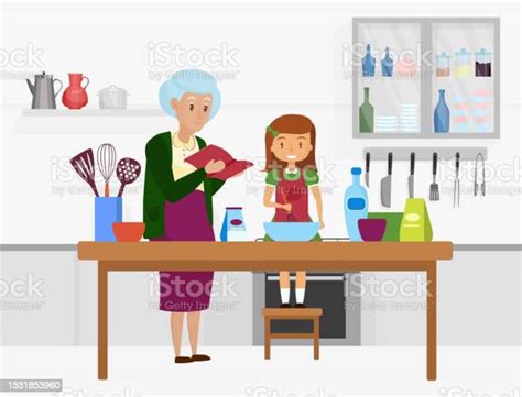 행복한 가족 요리 함께 음식 부엌에서 요리 할머니 손녀 문자 오븐에 굽기에 대한 스톡 벡터 아트 및 기타 이미지 오븐에 굽기 할머니 만들기 Istock