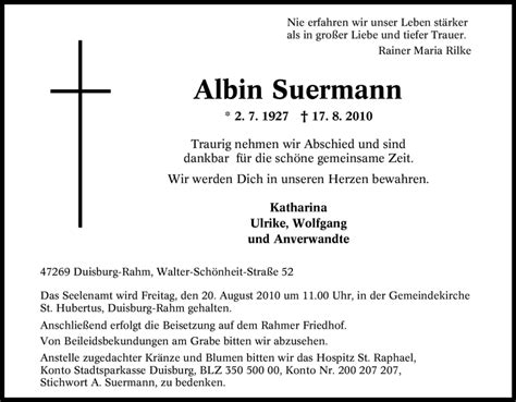 Traueranzeigen Von Albin Suermann Trauer In Nrw De