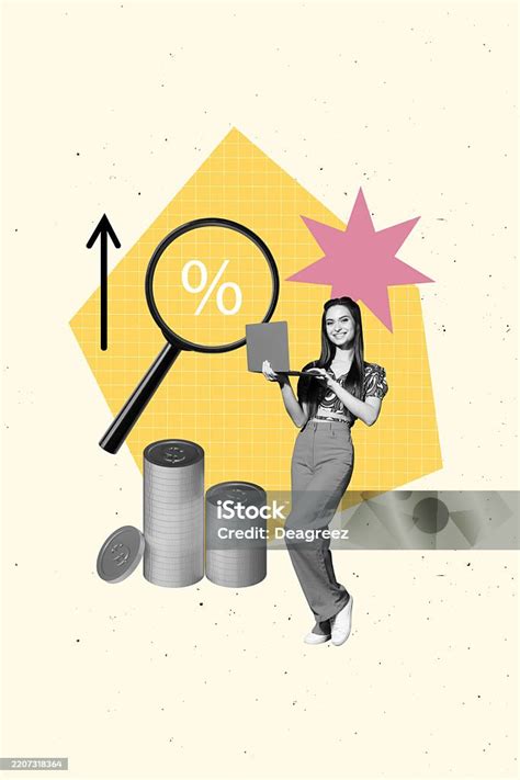 3d 사진 콜라주 트렌드 삽화 스케치 매니저 사업 인적 자원 젊은 숙녀 서 손 보류 노트북 루페 줌 퍼센트 돈 동전 20 24