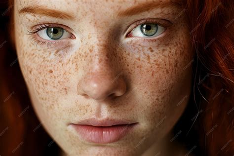 Premium Ai Image Closeup Freckled Face Of Beautiful Ginger Young Woman With Candid Look Beauty