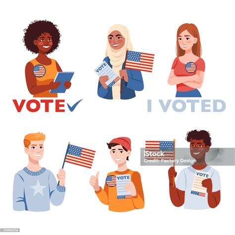 2024년 투표 미국 대통령 선거 유권자 그룹 깃발과 투표로 행복한 미국 시민들 투표 용지 정치 캠페인 다양한 만화 캐릭터