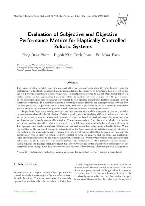 Pdf Evaluation Of Subjective And Objective Performance Metrics For Haptically Controlled