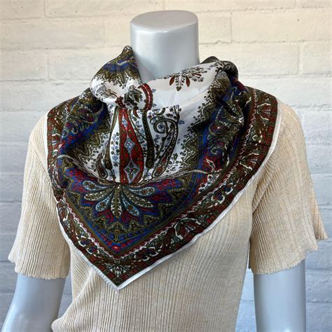 80s Paisley Scarf Vintage Olive Green Patterned Scarf Chic 1980s