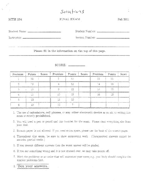 Multivariable Calculus Solutions For Final Exam Fall 2011 MTH 234