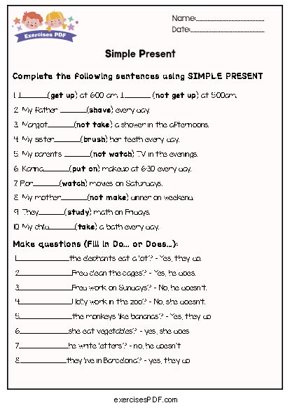 complete the following sentences using simple present exercises pdf