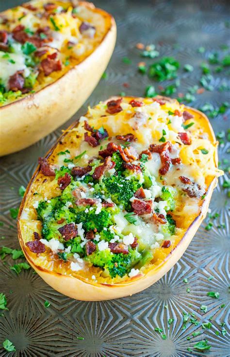 Cheesy Bacon Broccoli Stuffed Spaghetti Squash Peas And Crayons