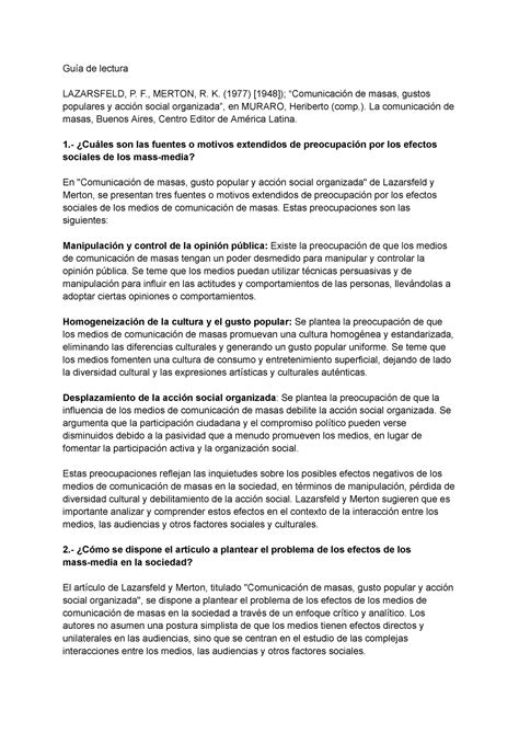 Guia resuelta de Lectura Lazarsfeld y Merton Guía de lectura LAZARSFELD P F MERTON R K