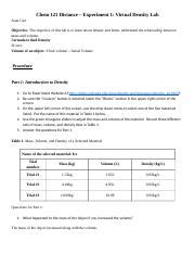 Expt 1 Virtual Density Lab Docx Chem 121 Distance Experiment 1 Virtual Density Lab Sean