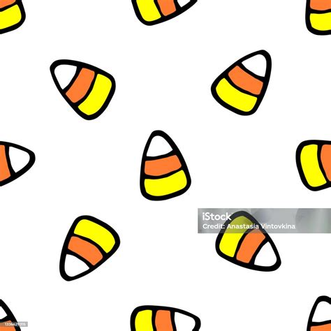 사탕 옥수수의 벡터 원활한 패턴 할로윈 디자인 템플릿을 위해 흰색 배경에 무작위로 배치 된 흰색 노란색 및 주황색 줄무늬의 사탕 옥수수의 손으로 그린 낙서 스타일의 삼각형