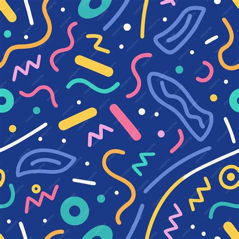 Abstract Geometric Seamless Pattern With Colorful Lines And Shapes On A Blue Background