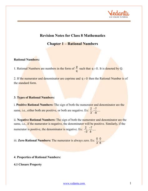 Rational Numbers Class 8 Notes Cbse Maths Chapter 1 [pdf]