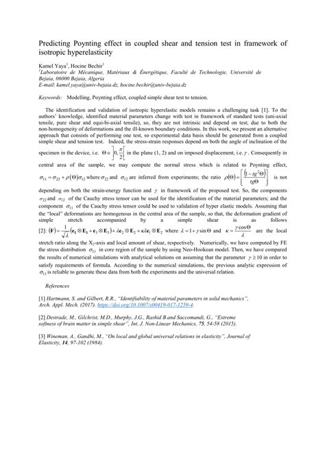 Pdf Predicting Poynting Effect In Coupled Shear And Tension Test In Framework Of Isotropic