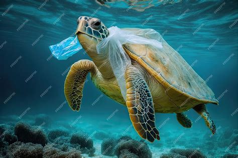 Premium Photo Sea Turtle Swimming With Plastic Bag Underwater Animals