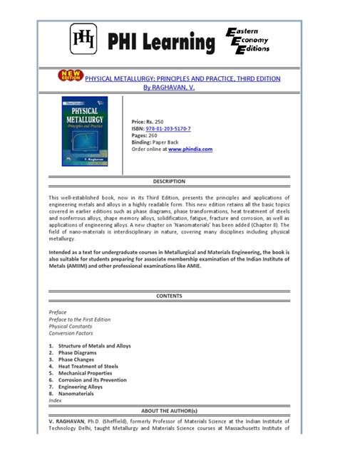 Physical Metallurgy Principles And Practice Third Edition By Raghavan V
