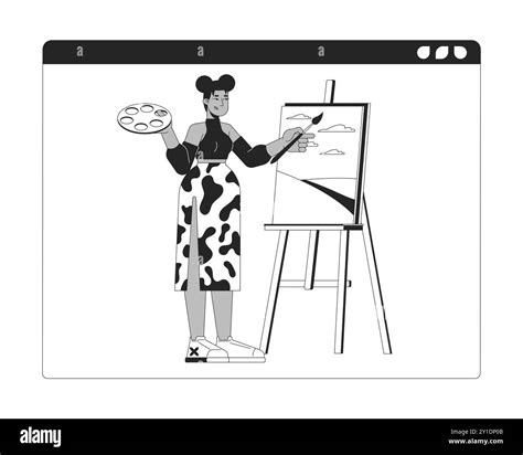 African American Woman Conducting Art Lesson Online Black And White 2d Line Cartoon Character