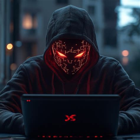 Masked Hacker With Glowing Eyes Typing In A Hightech Environment