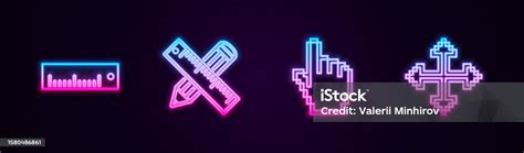 선 눈금자 교차 자 및 연필 픽셀 손 커서 및 화살표를 네 방향으로 설정합니다 빛나는 네온 아이콘입니다 벡터 4가지 개체에 대한 스톡 벡터 아트 및 기타 이미지 Istock